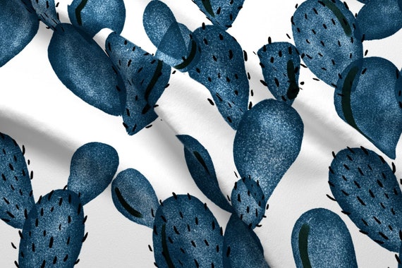Navy Cactus Fabric Oversized Navy Paddle Cactus Watercolor | Etsy