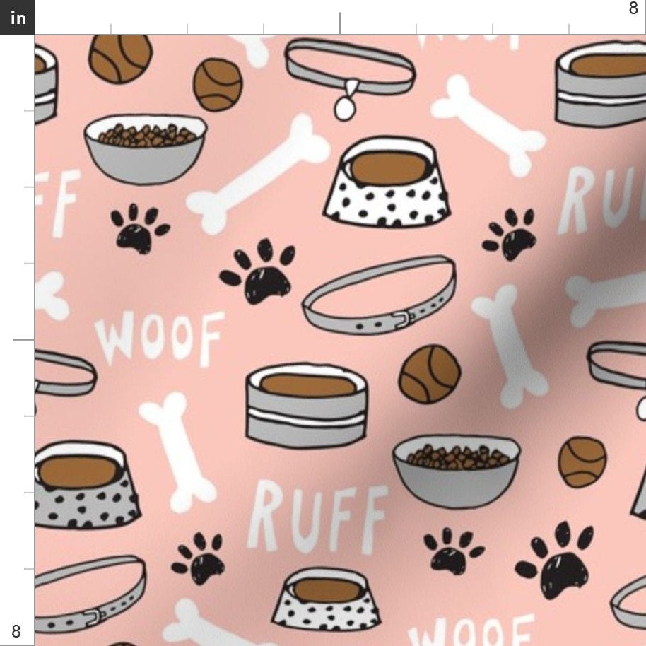 Dog Fabric Puppy Pink Ruff Woof Dog Bone Paw Print Bowl Pet | Etsy