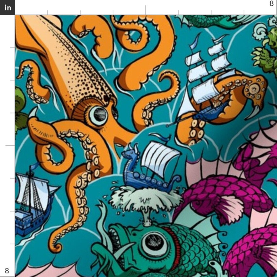 Colorful Sea Monster Fabric Sea Monsters color by Raul - Etsy