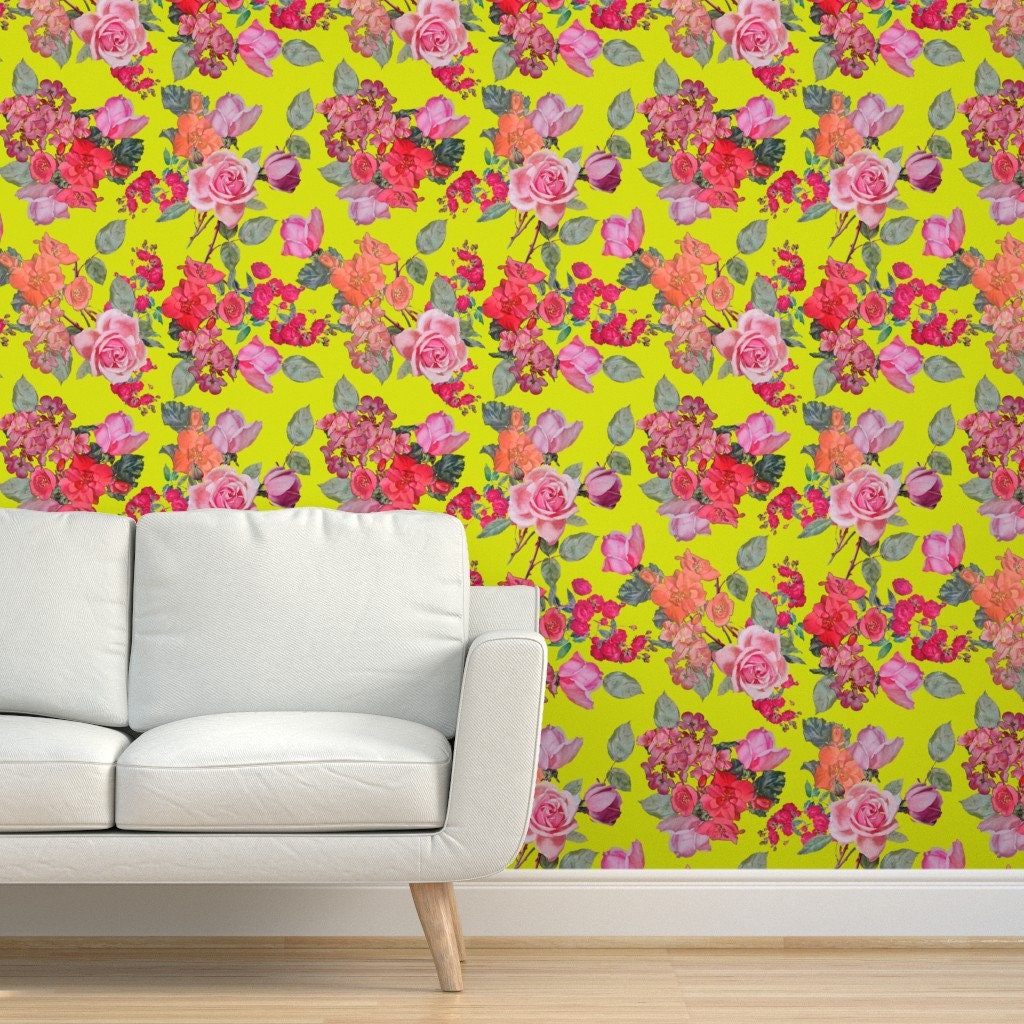 Floral Wallpaper Vintage Roses Chartreuse by Theartwerks | Etsy