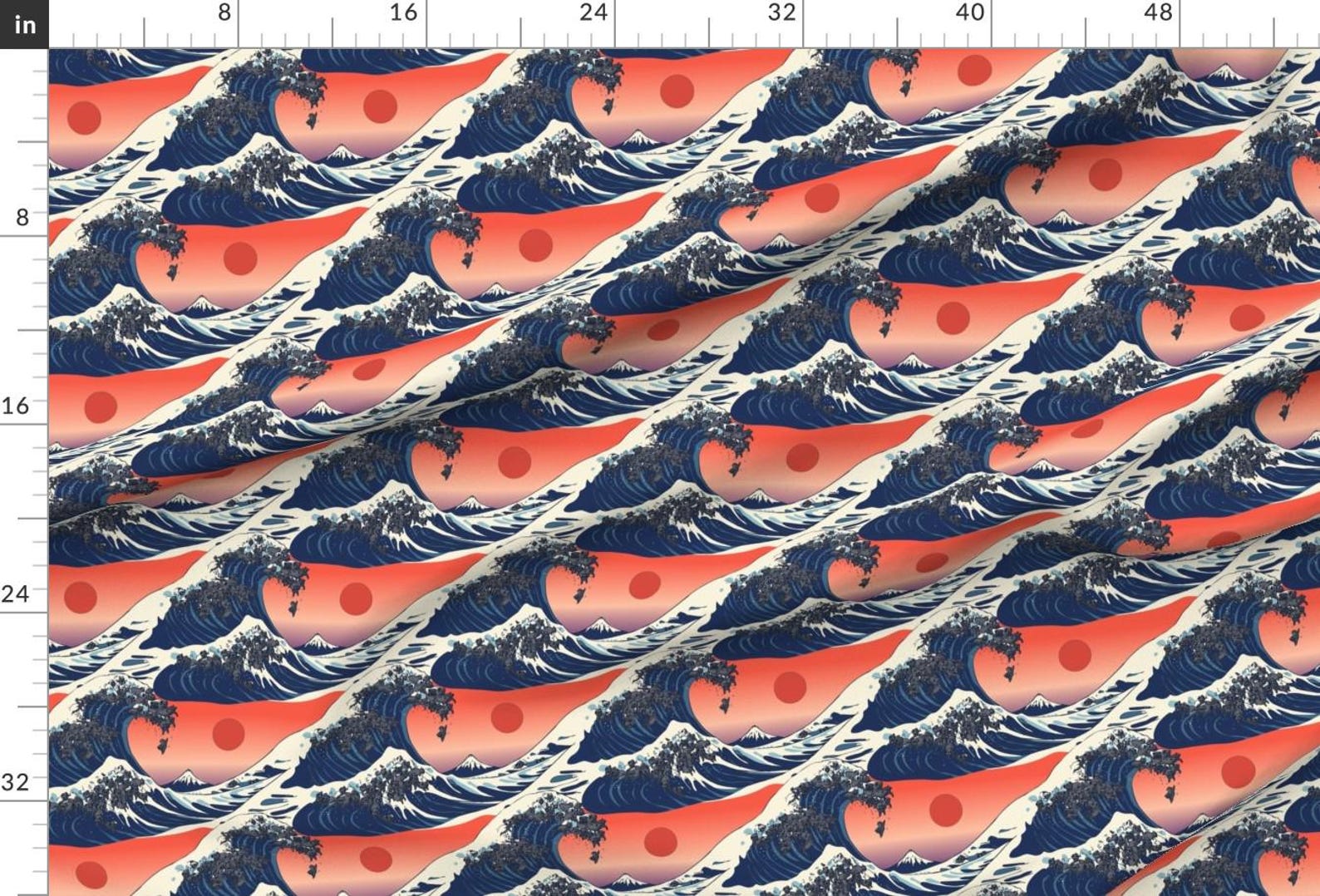 Pug Ocean Waves Illustration Fabric - the Great Wave of Black Pug by ...