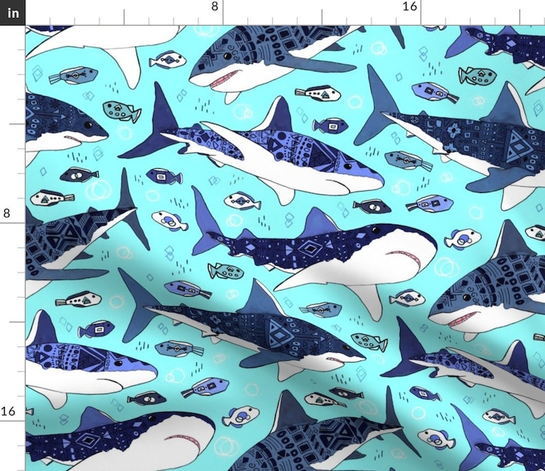 Shark Fabric Sharks and Fish on Aqua Blue Big by Tigatiga - Etsy