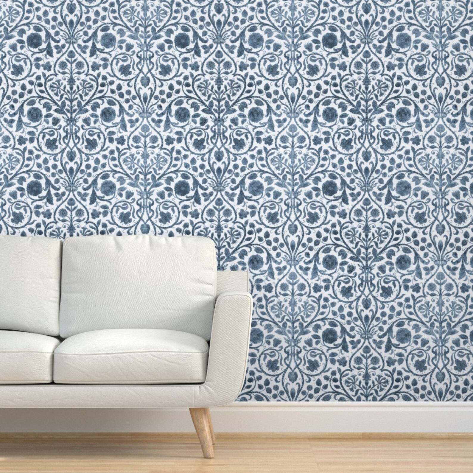 Blue Damask Wallpaper Provence Blue White by - Etsy