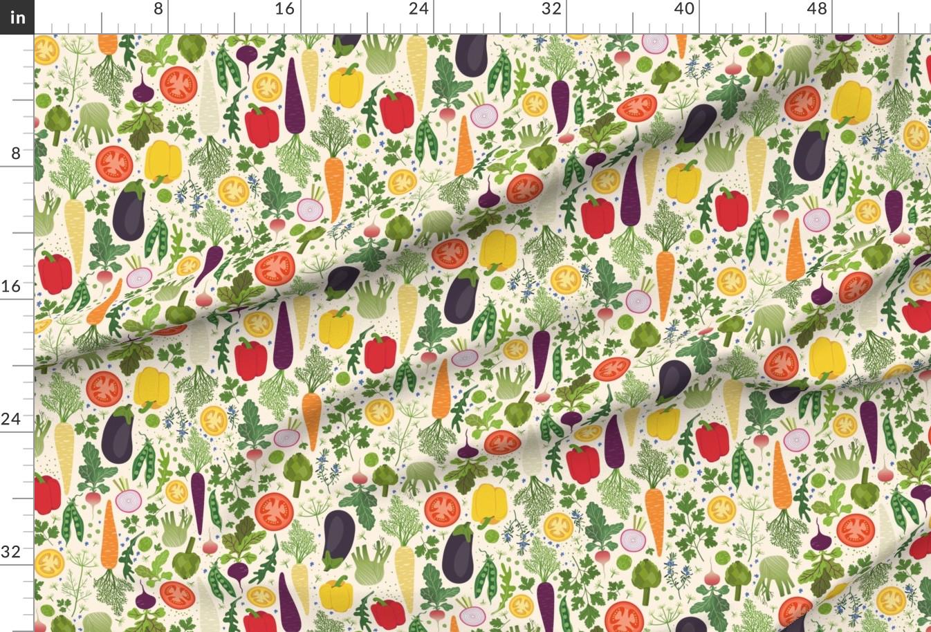 Vegetables Fabric - My Veg Garden by Damaste - Carrots Tomato Eggplants ...