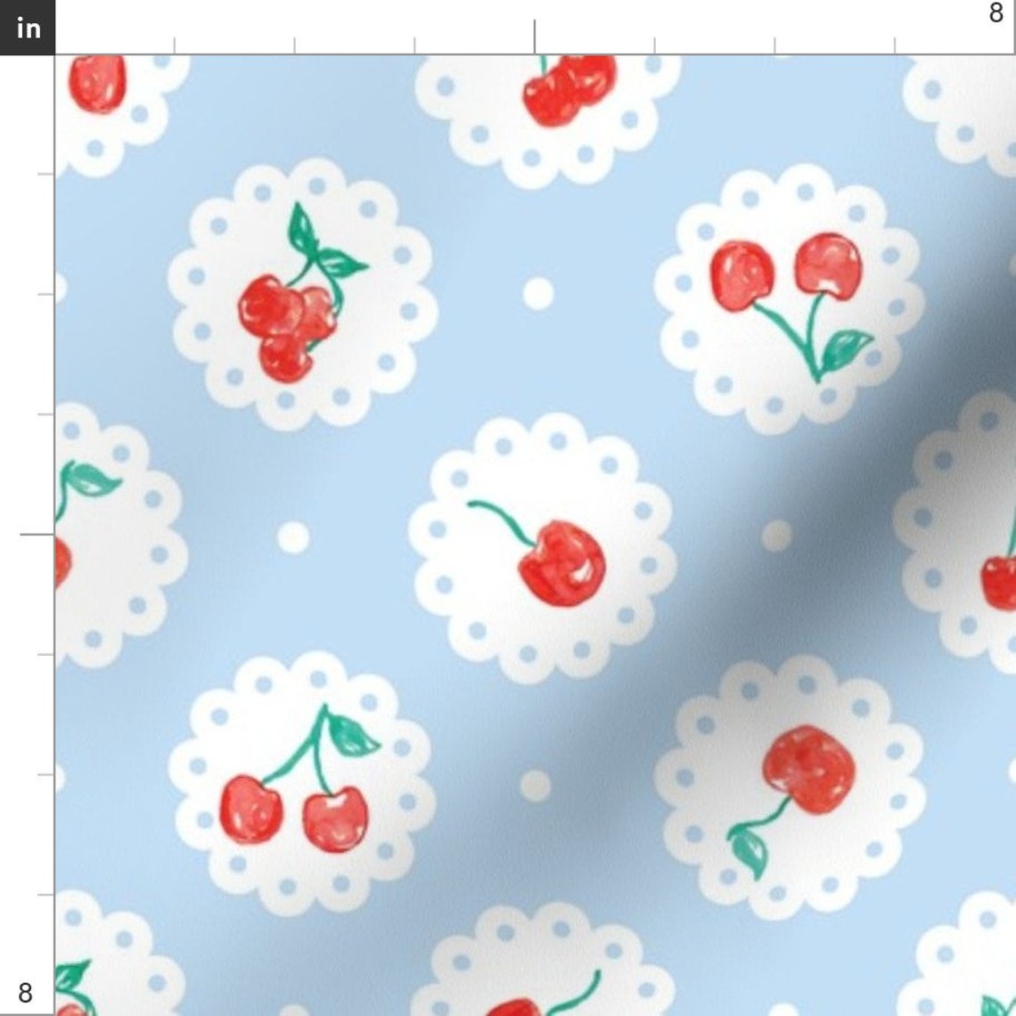 Cherries Fabric Vintage Red Cherries Blue Doily by - Etsy
