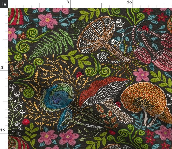 Mushrooms Fabric Embroidered Wild Mushrooms by | Etsy