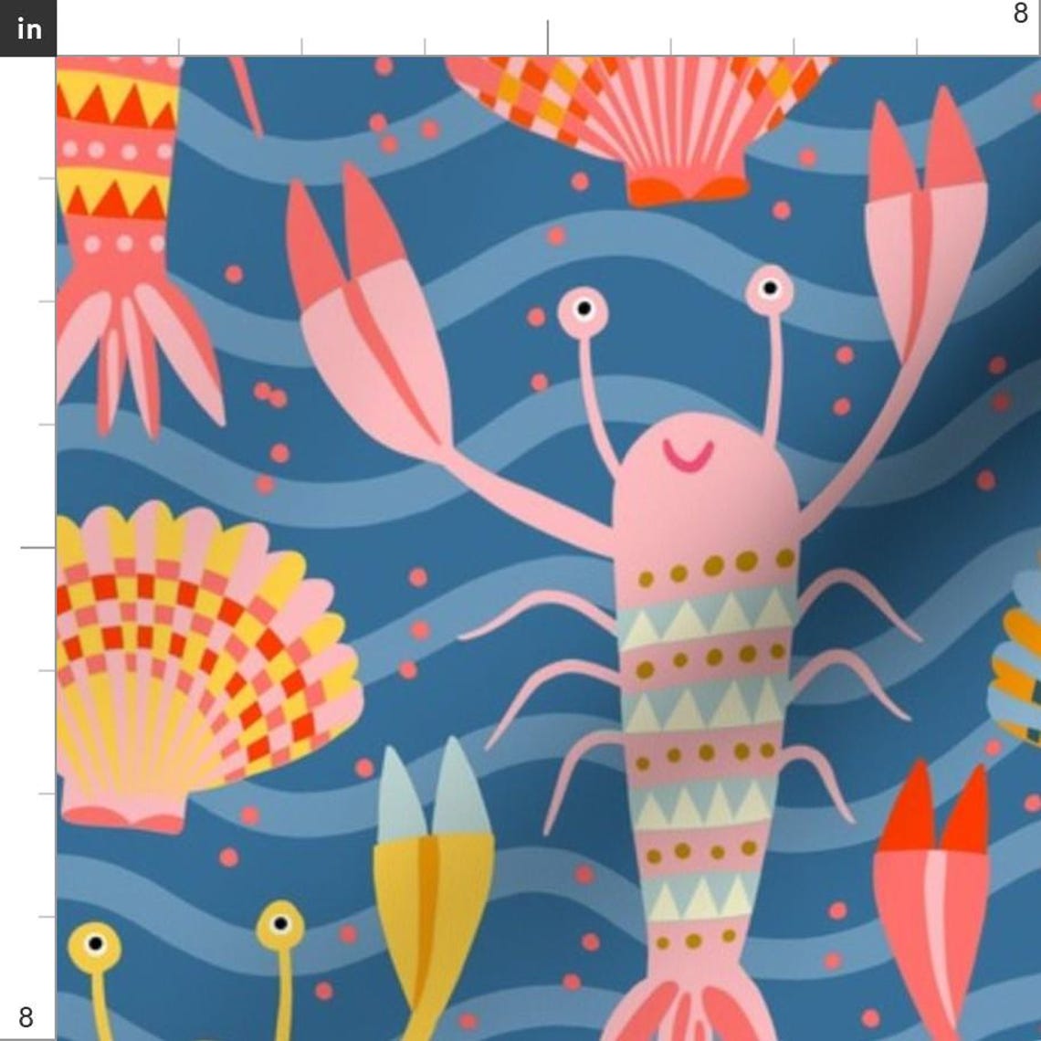 Whimsical Coastal Apparel Fabric - Happy Lobsters by Miraparadies ...