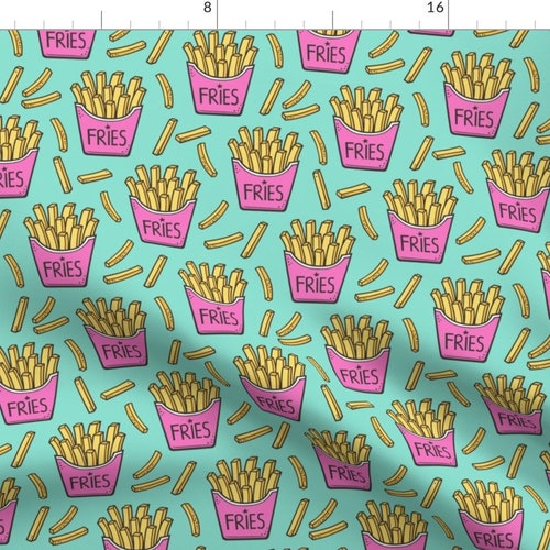 Fries Fabric French Fries Fast Food Green Mint on Pink by - Etsy