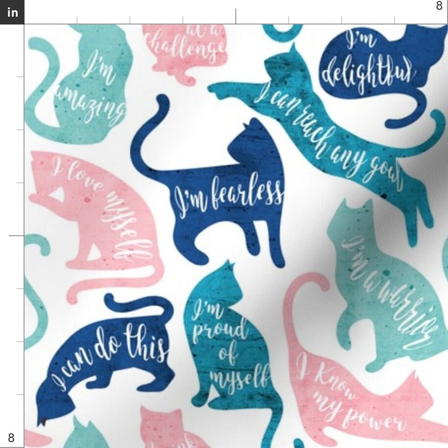 Be Like A Cat Fabric White Background Pink Blue Cat | Etsy