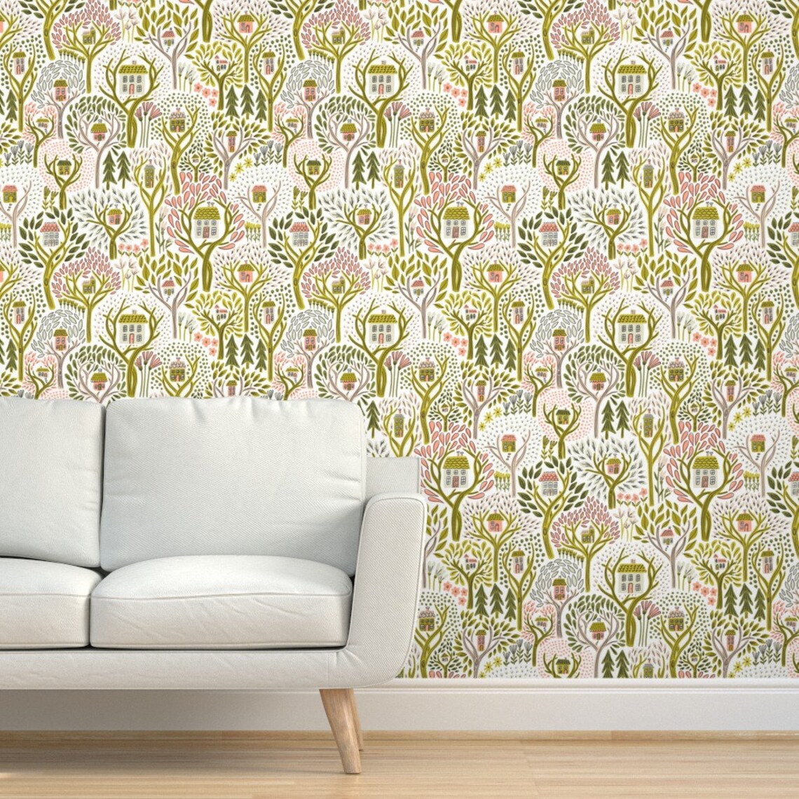 Treehouse Wallpaper Acacia pink and Green by Amy_maccready - Etsy