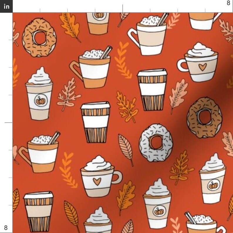 Coffee Fabric - Pumpkin Spice Latte Coffee and Donuts Fall Autumn Rust ...