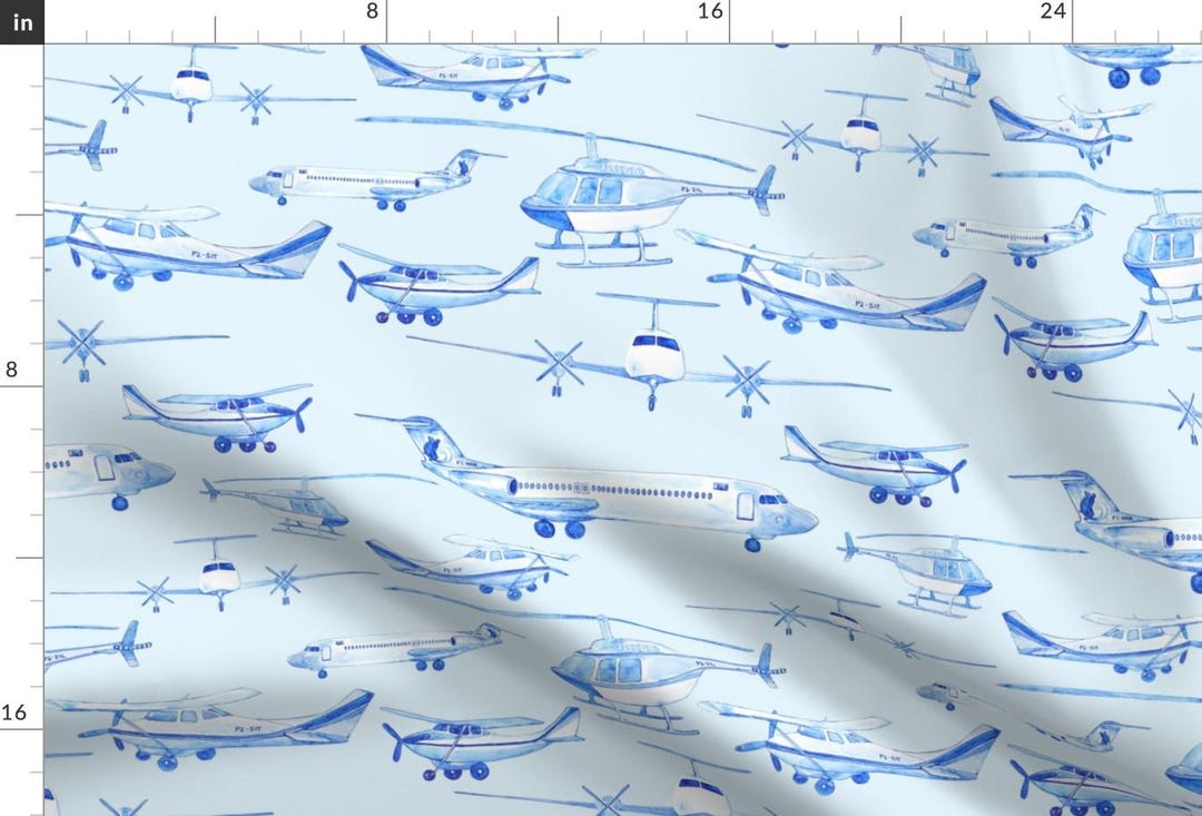 Aviation on Blue Fabric - Blue Planes by Karinka - Watercolor Planes ...