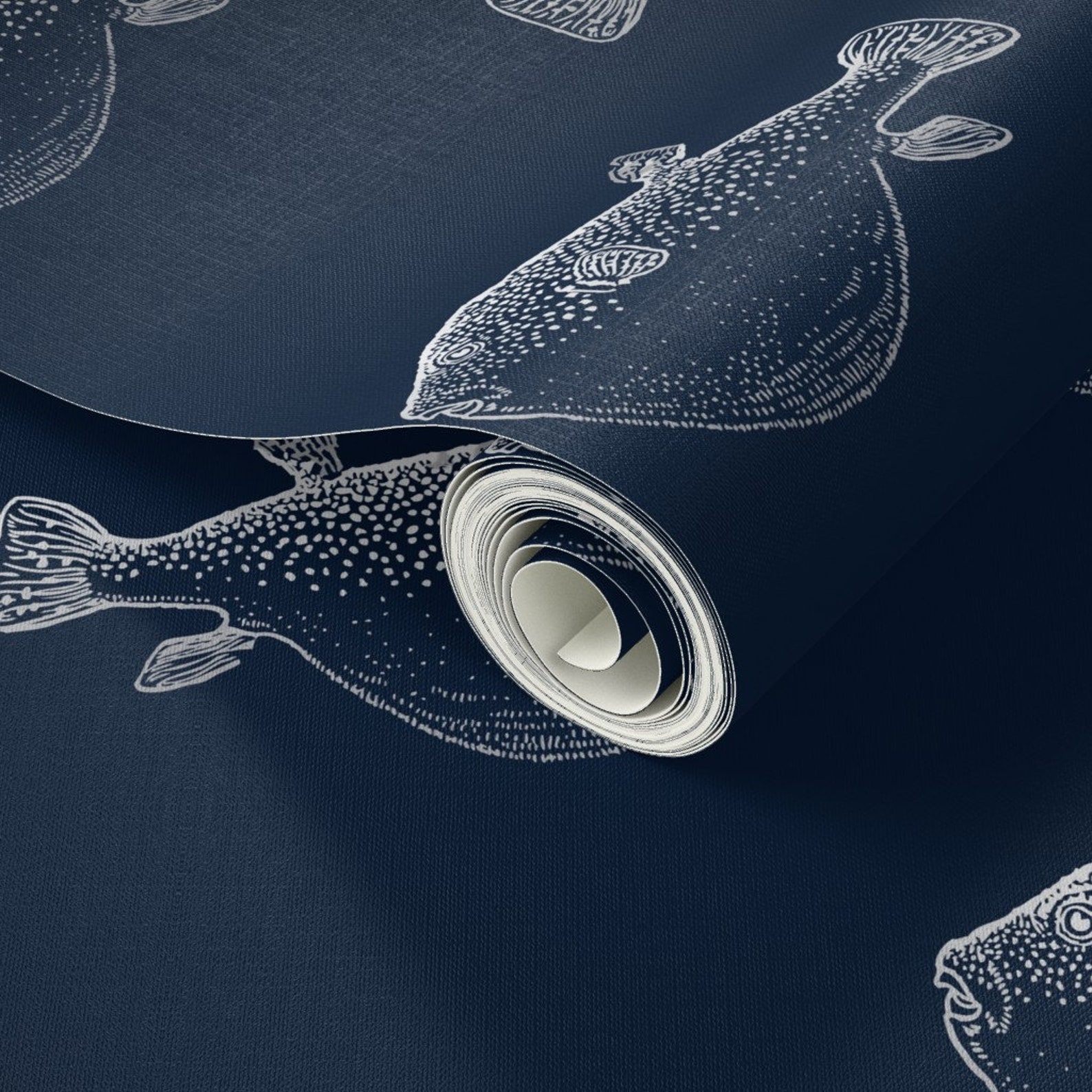 Puffer Fish Wallpaper Puffer Fish Silver on Navy by Jenlats - Etsy