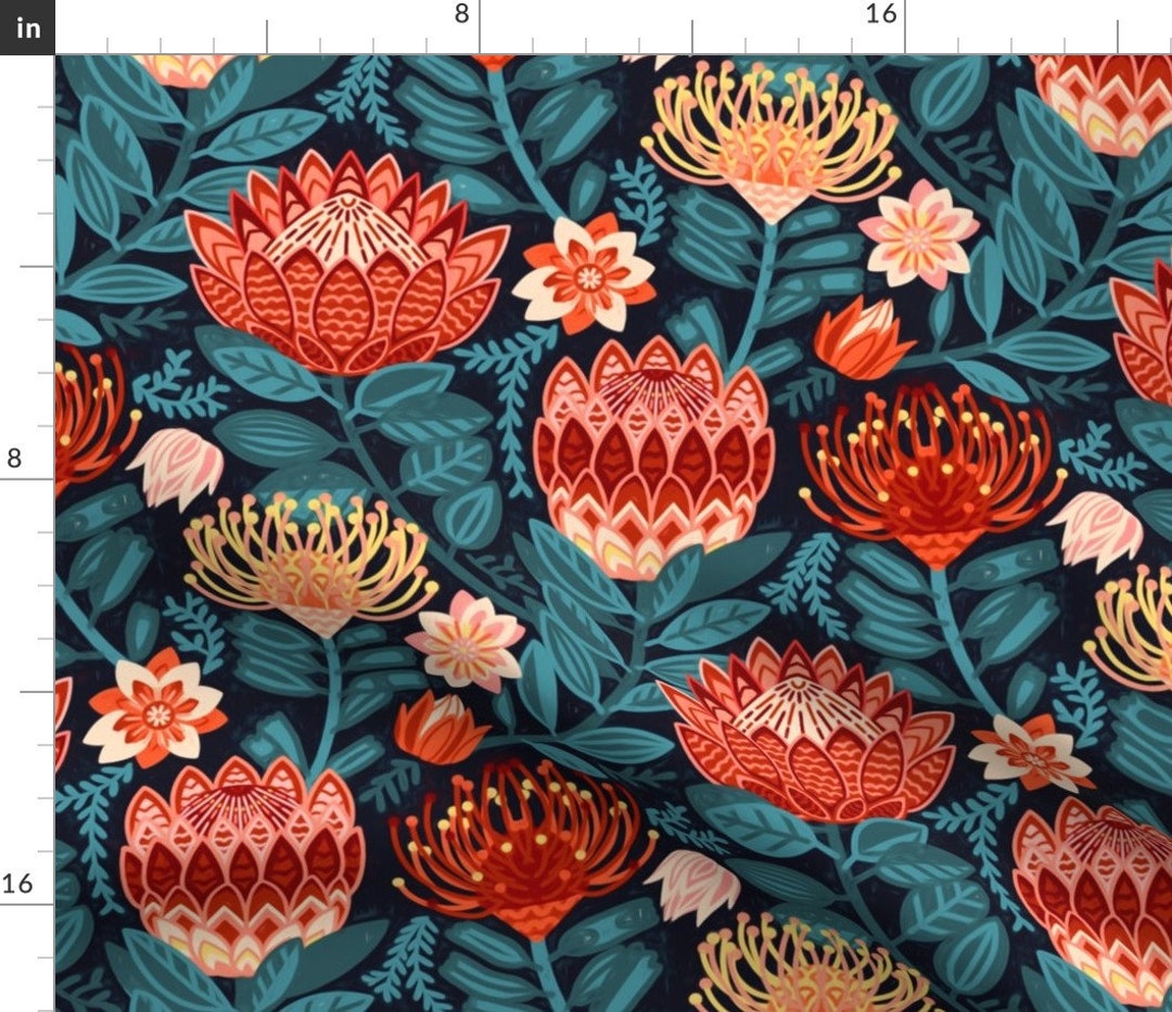 Pincushion Proteas Fabric Protea Chintz Navy Floral by Tigatiga ...