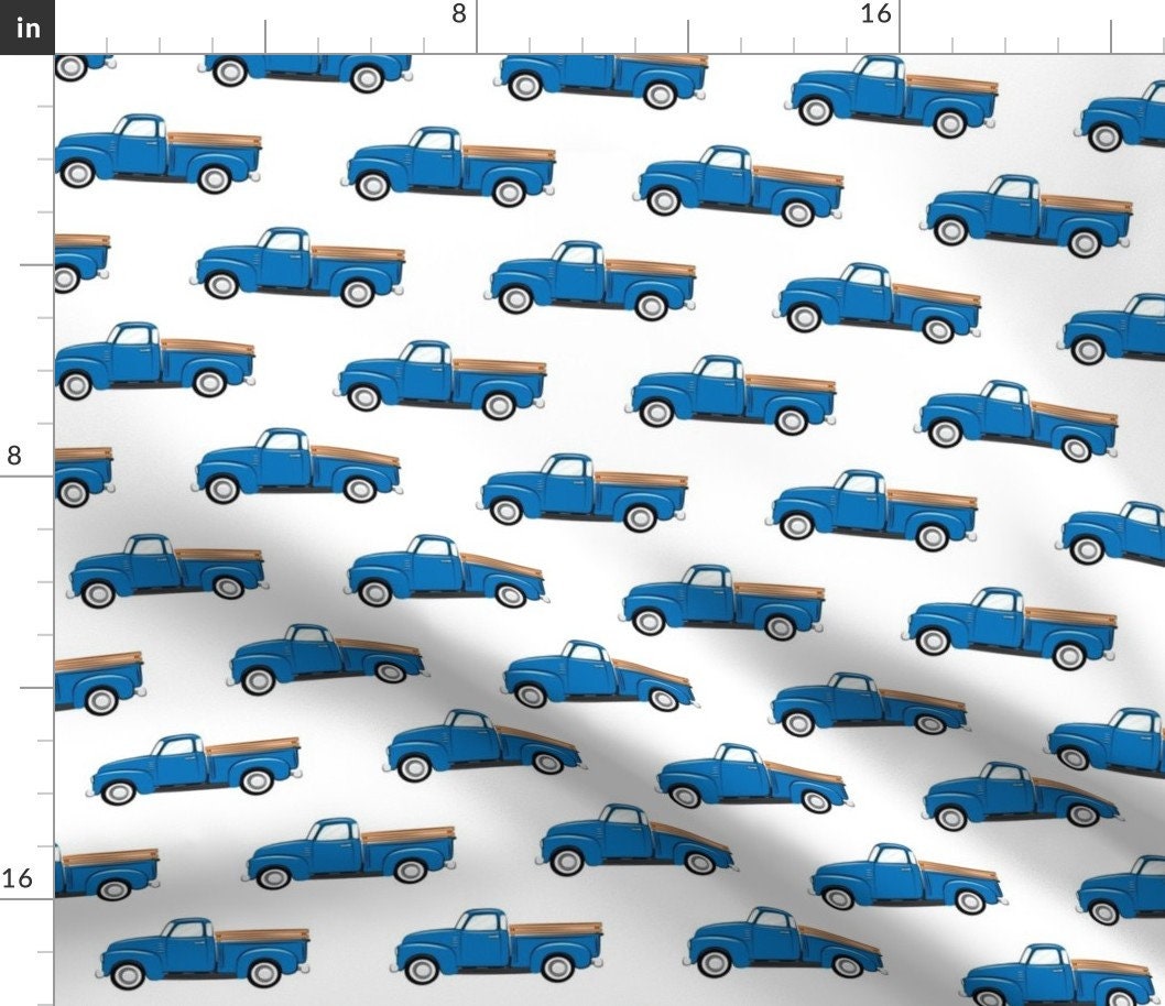 Blue Truck Fabric Vintage Trucks on White by - Etsy