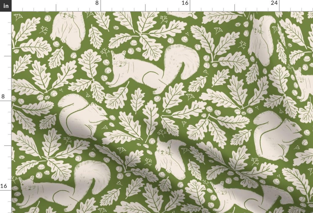 Squirrels on Green Fabric - Squirrels by Riveroakstudio - Oak Leaves ...