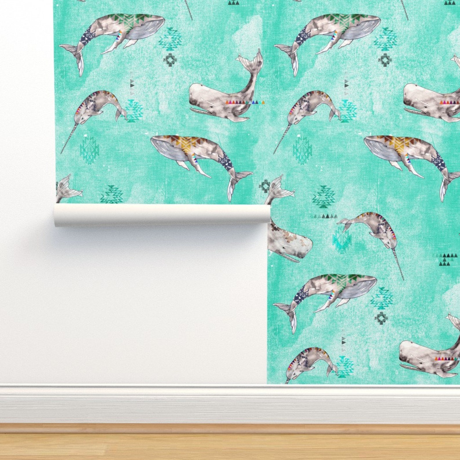 Boho Whale Wallpaper whale Tribe Small Aqua by Nouveau - Etsy