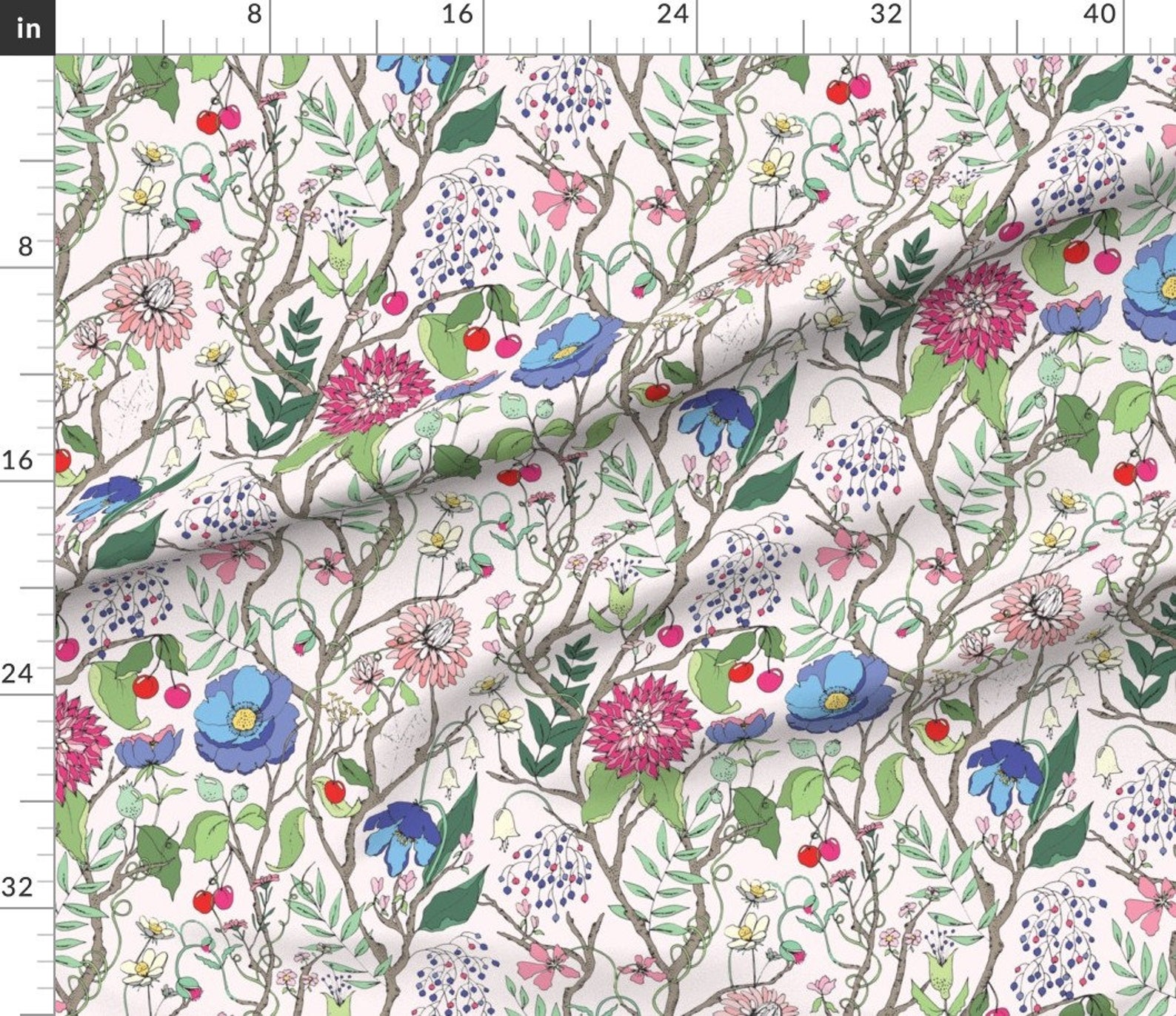 Spring Botanicals Fabric Botanical Sketchbook White Pink by - Etsy