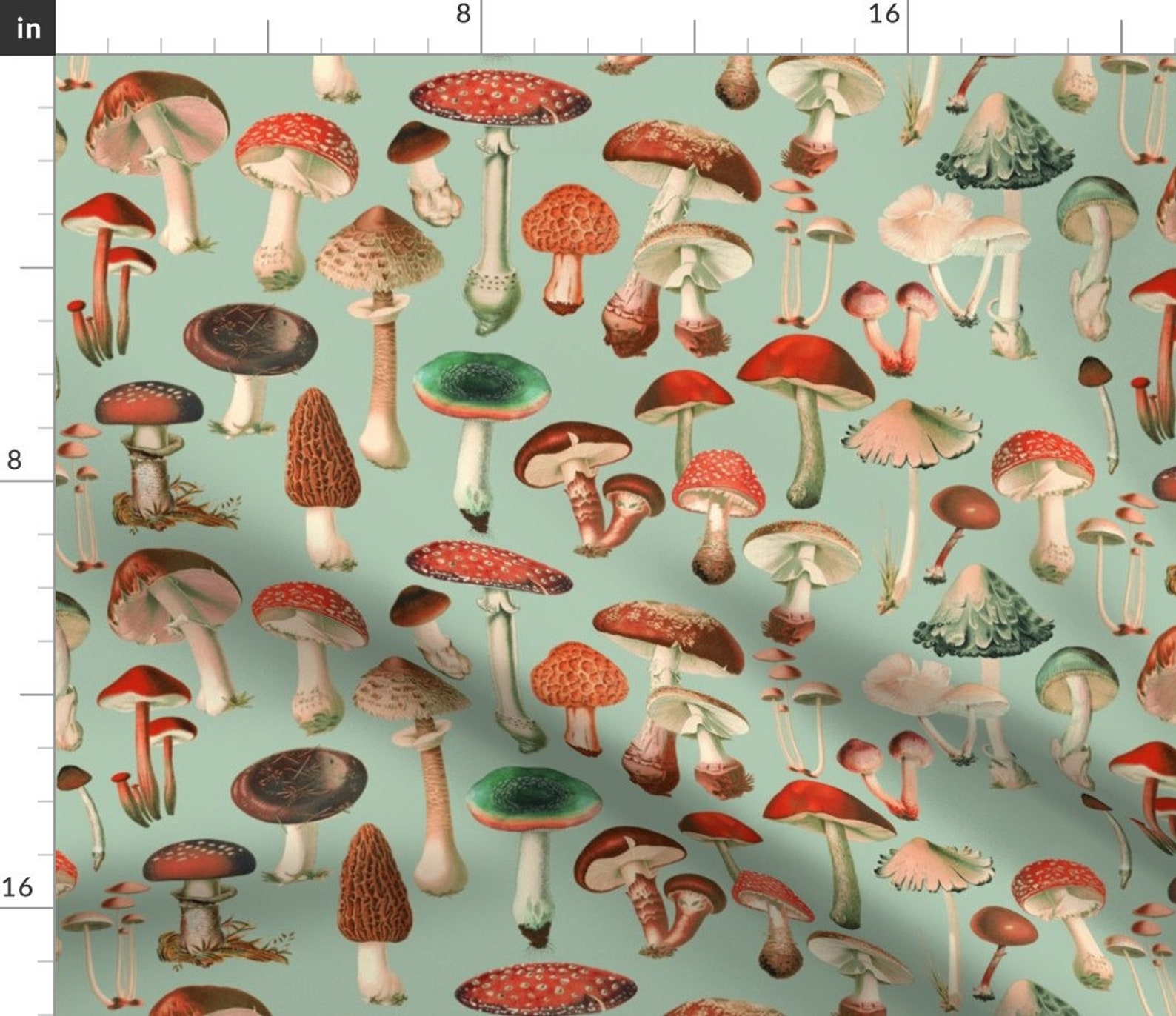 Mushroom Fabric Mushies Red Green Large By Thistleandfox | Etsy