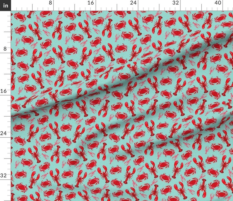 Crab Fabric Crab and Lobsters // Mint Crabs Ocean Nautical | Etsy