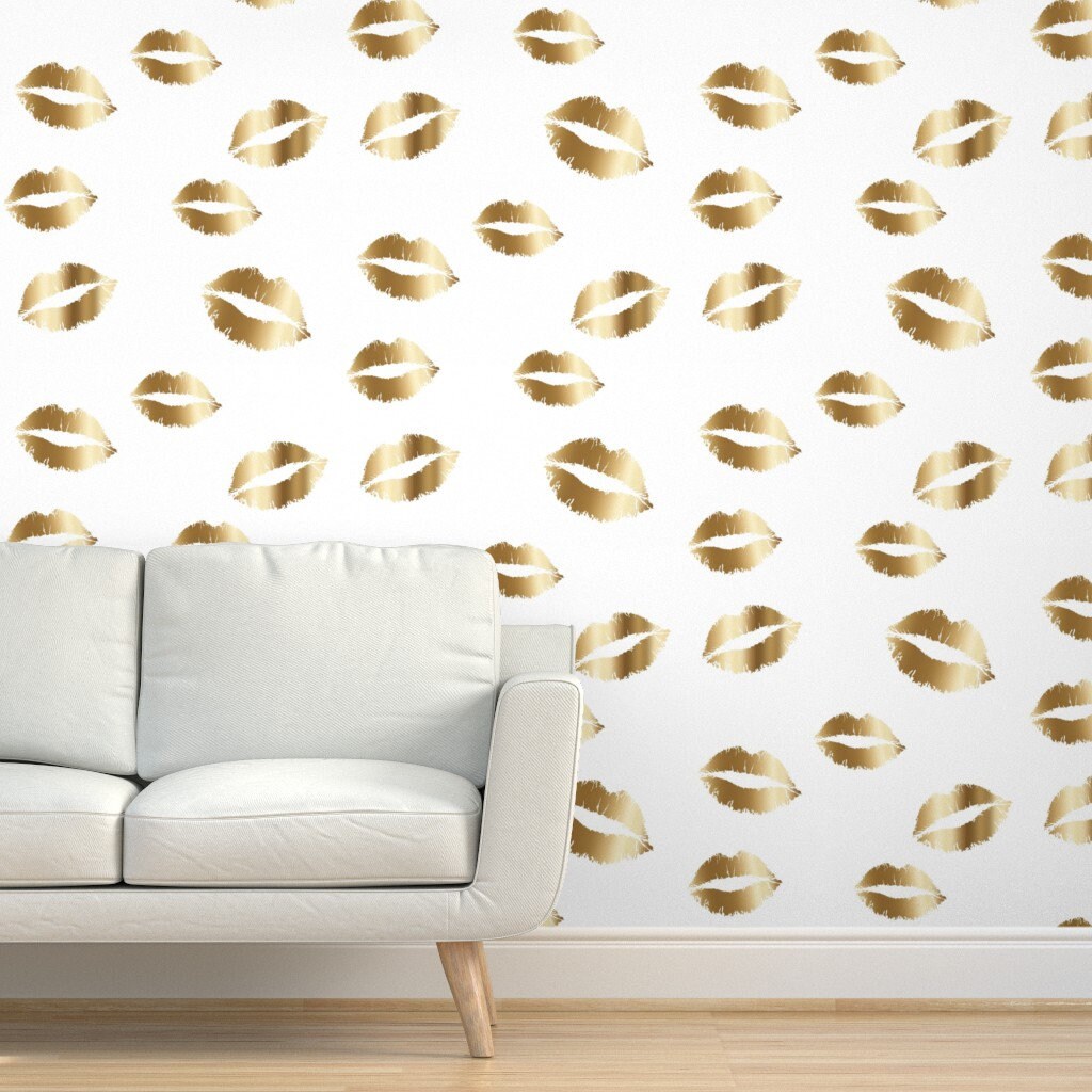 Lips Wallpaper Kiss Print Lips by Mlags Yellow White Faux | Etsy