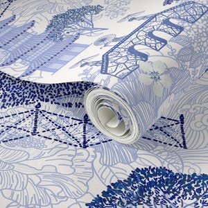 Chinoiserie Removable Peel and Stick Wallpaper - Blue White Pagoda ...
