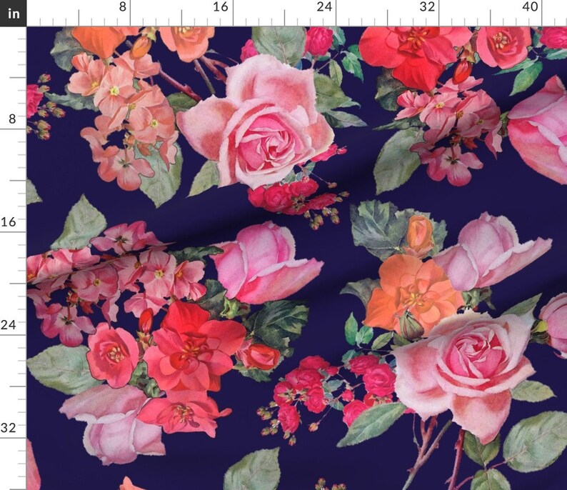Large Print Floral Fabric Vintage Roses // Navy large by - Etsy
