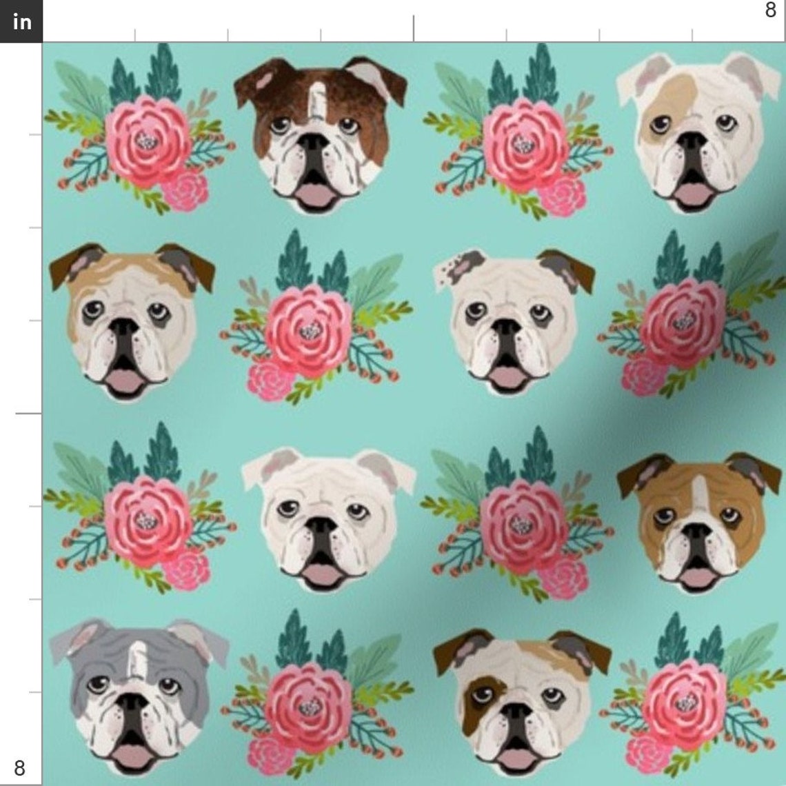 English Bulldog Fabric English Bulldog Faces Florals Mint | Etsy