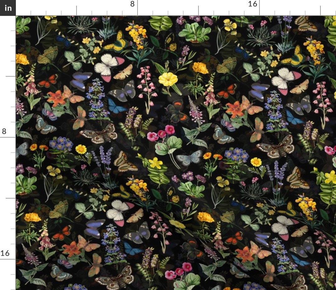 Black Botanical Fabric Butterflies in Spring Flower Garden by Utart ...