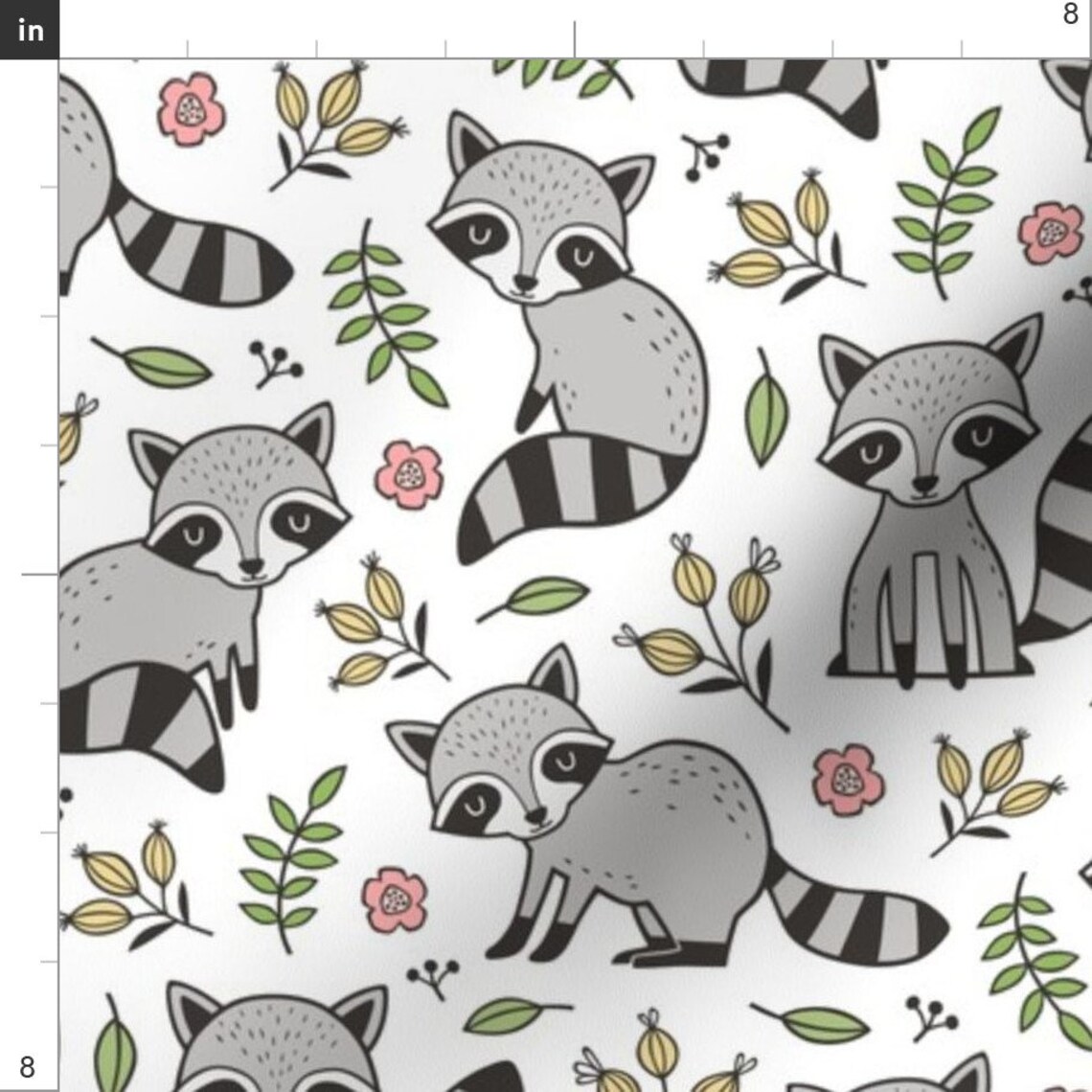 Raccoon Fabric Raccoon Leaves Flowers by Caja Design - Etsy