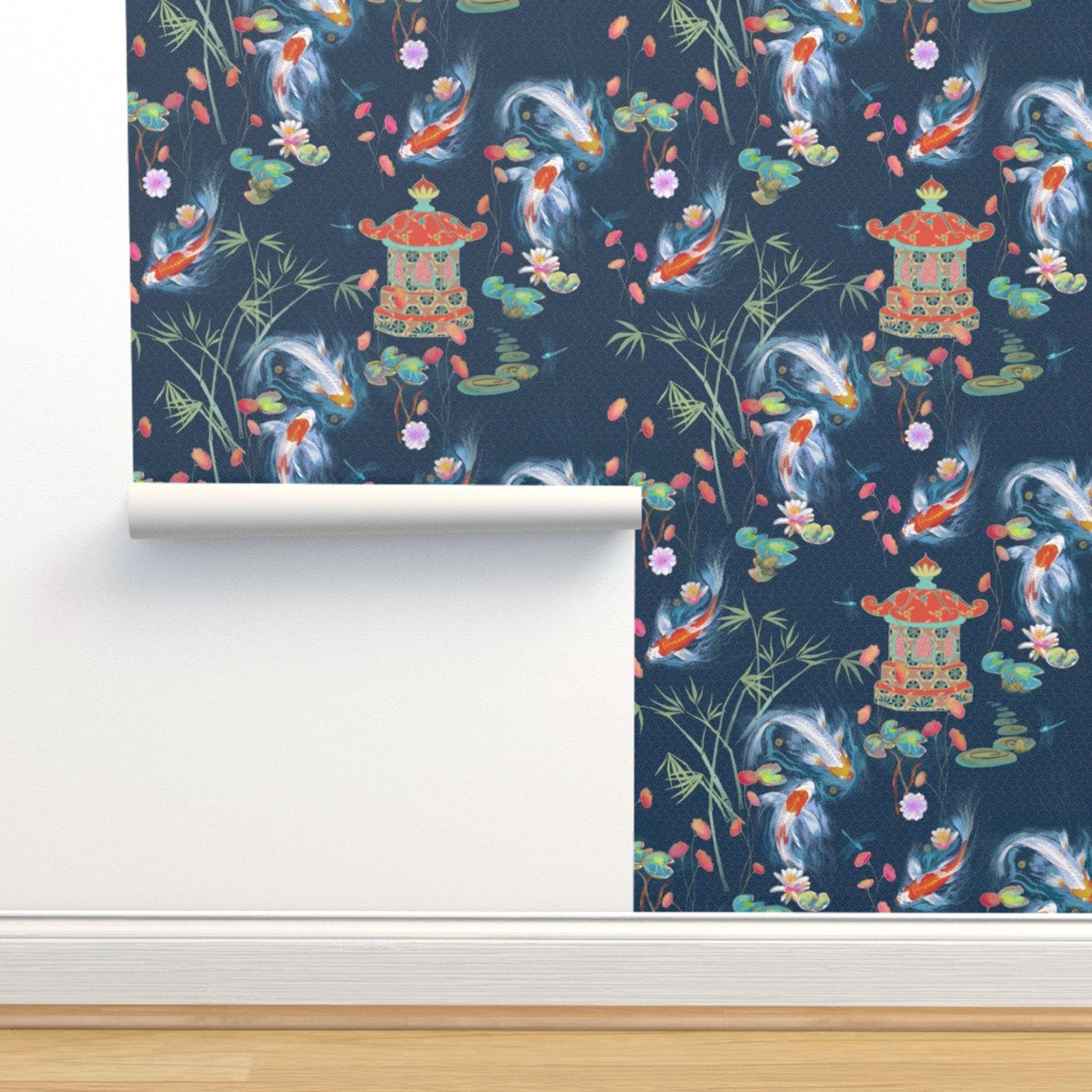 Japanese Wallpaper Japanese Water Garden Navy by Designed by Debby ...