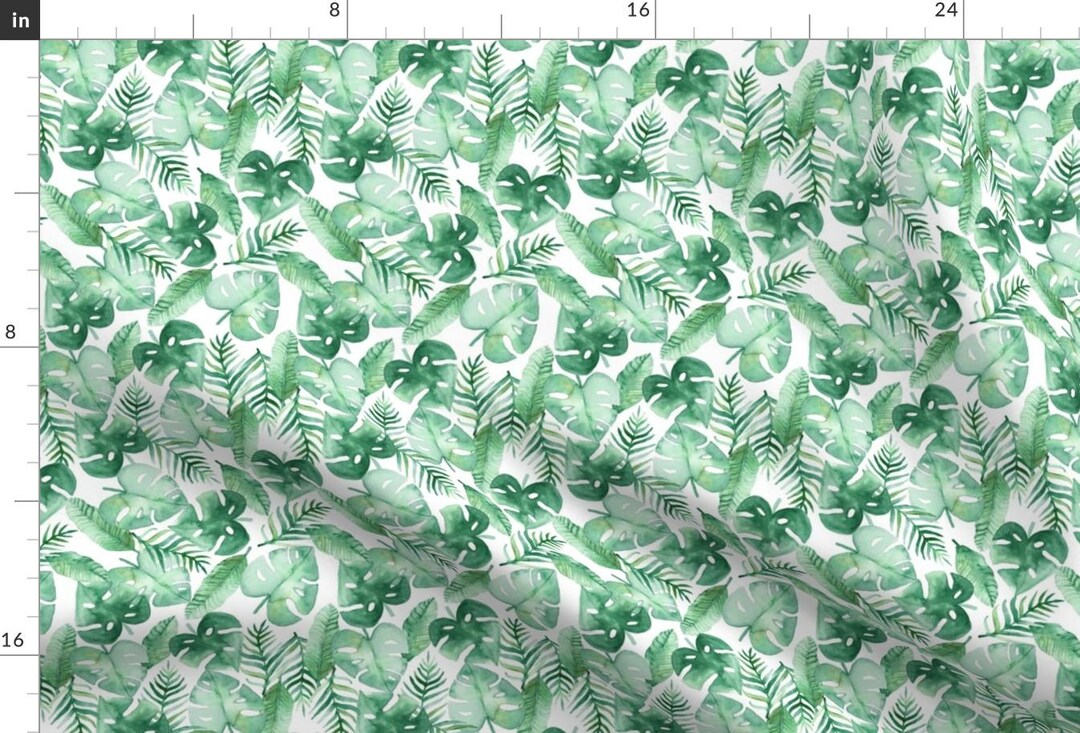Tropical Green Leaves Fabric - Tropical Jungle on White by Tangerine ...