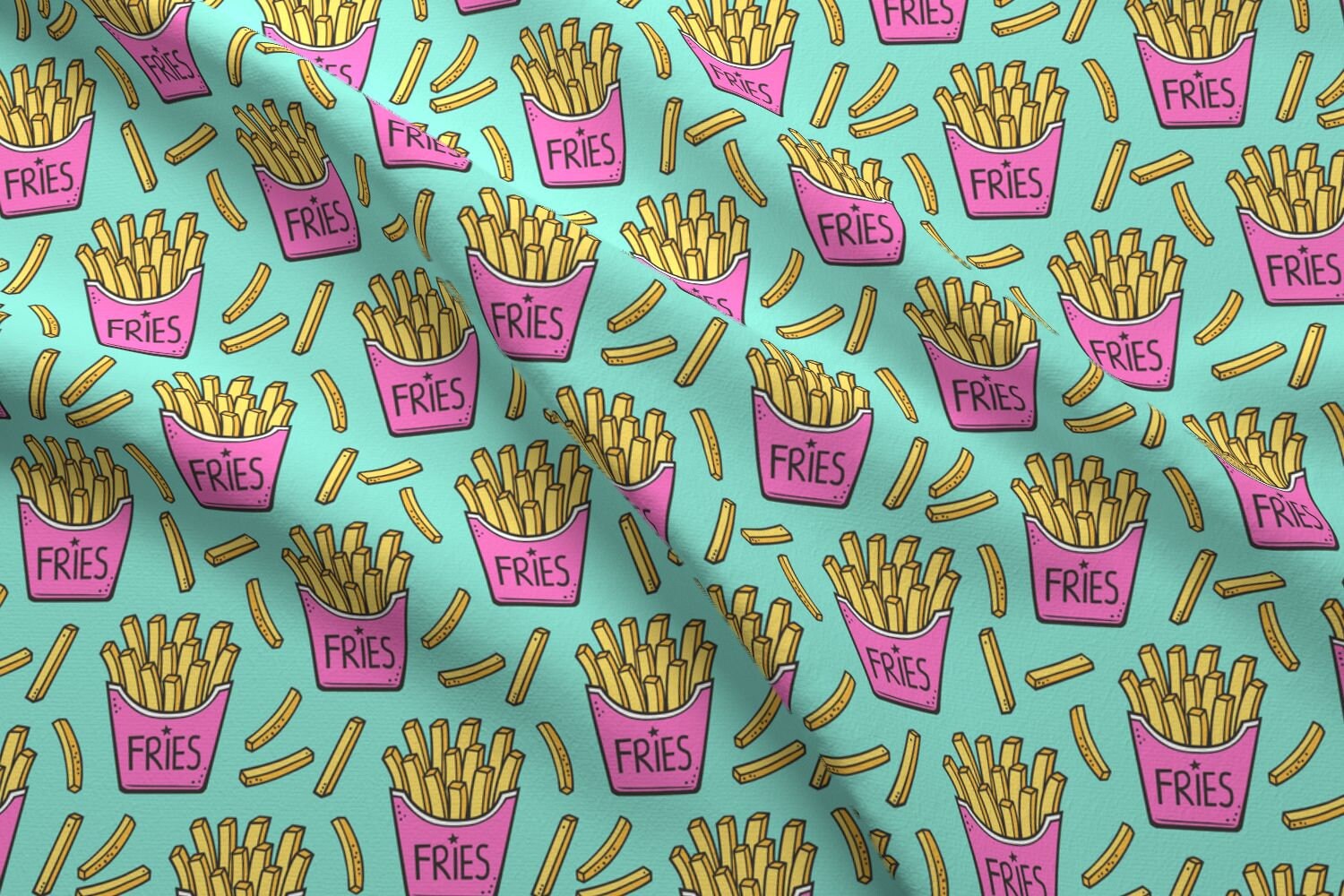 Fries Fabric French Fries Fast Food Pink On Mint Green By | Etsy
