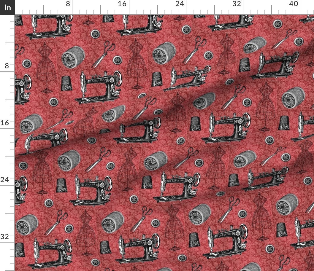 Vintage Sewing Fabric Vintage Sewing Red Floral by 13moons - Etsy
