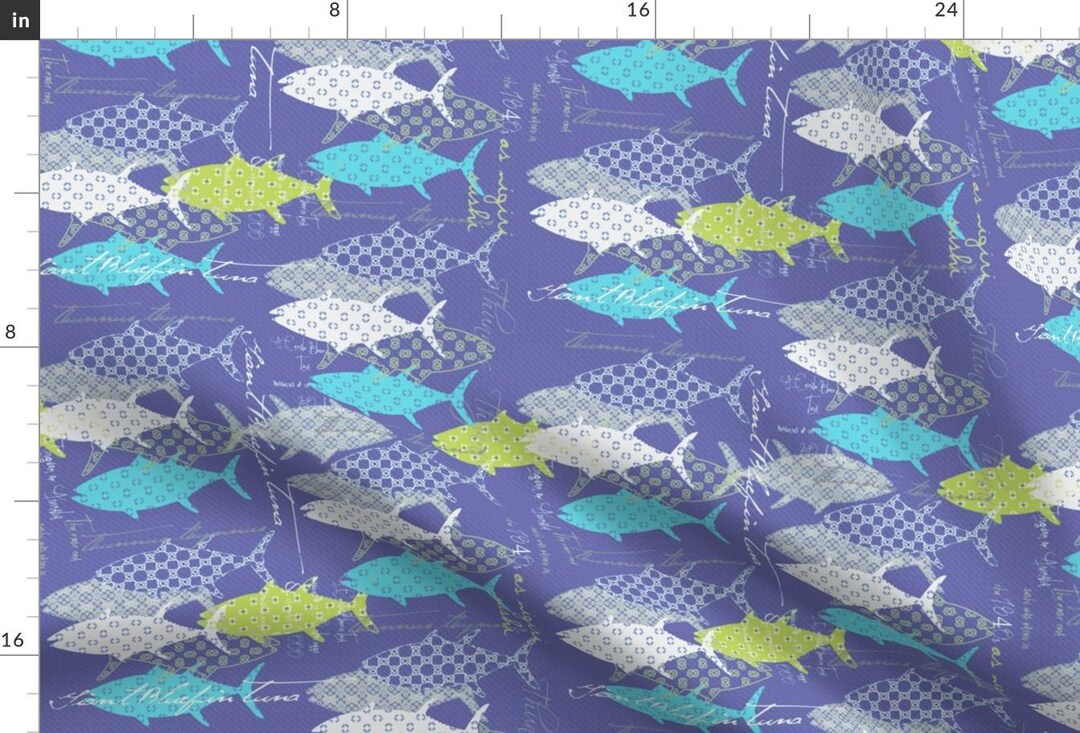 Royal Tuna Fabric - Royal Tuna Cobalt Aqua by Lulabelle - Summer Fish ...