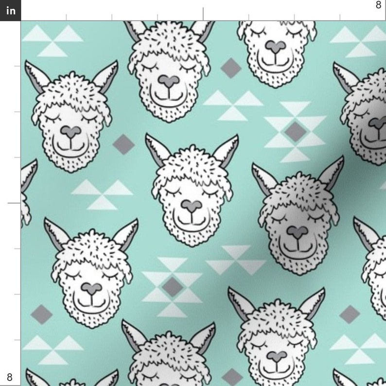 Lama Fabric Llamas And Triangles On Teal By Lilcubby | Etsy