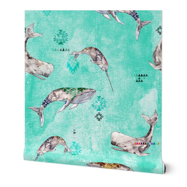 Boho Whale Wallpaper whale Tribe Small Aqua by Nouveau | Etsy