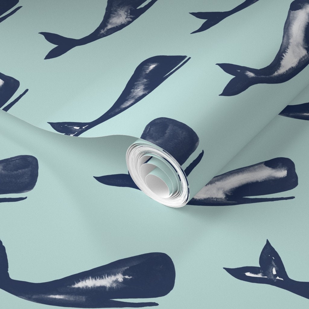 Whales Wallpaper Whale Mint Blue Indigo by Jillbyers - Etsy
