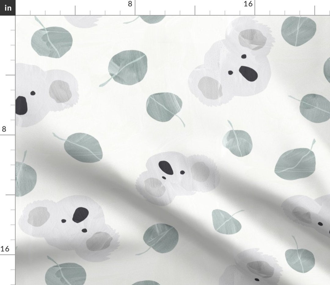 Koala Gray Fabric Australian Koalas and Silver Dollar Eucalyptus Leaves ...