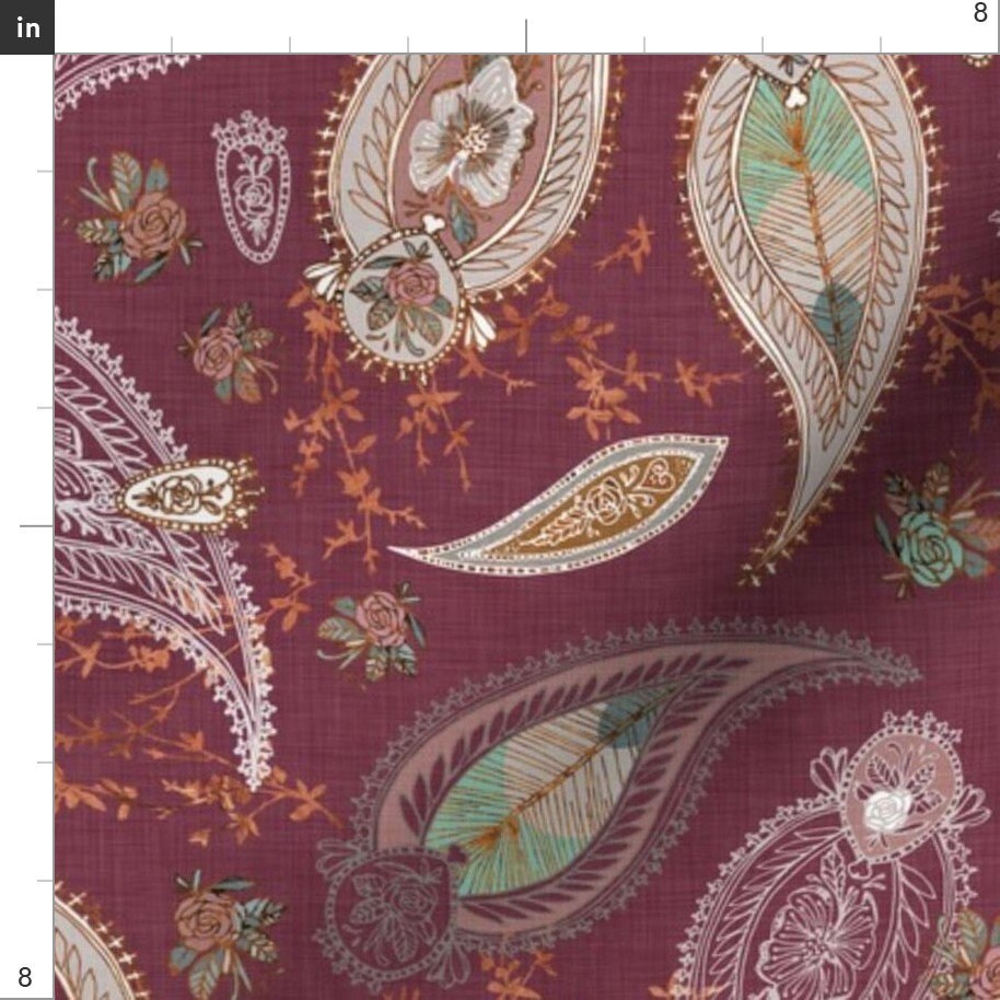 Floral Maroon Paisley Leaves Pattern Fabric Boho Paisley - Etsy.de