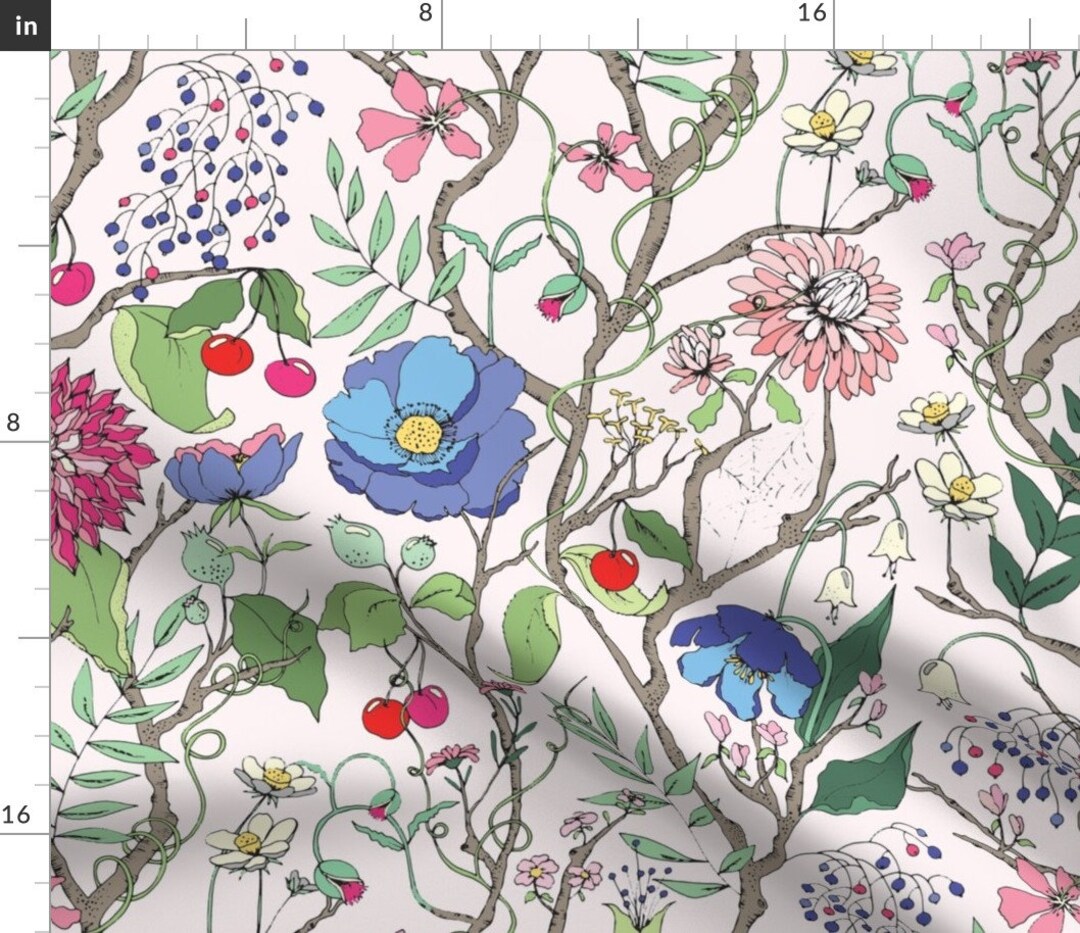 Spring Botanicals Fabric Botanical Sketchbook White Pink by - Etsy