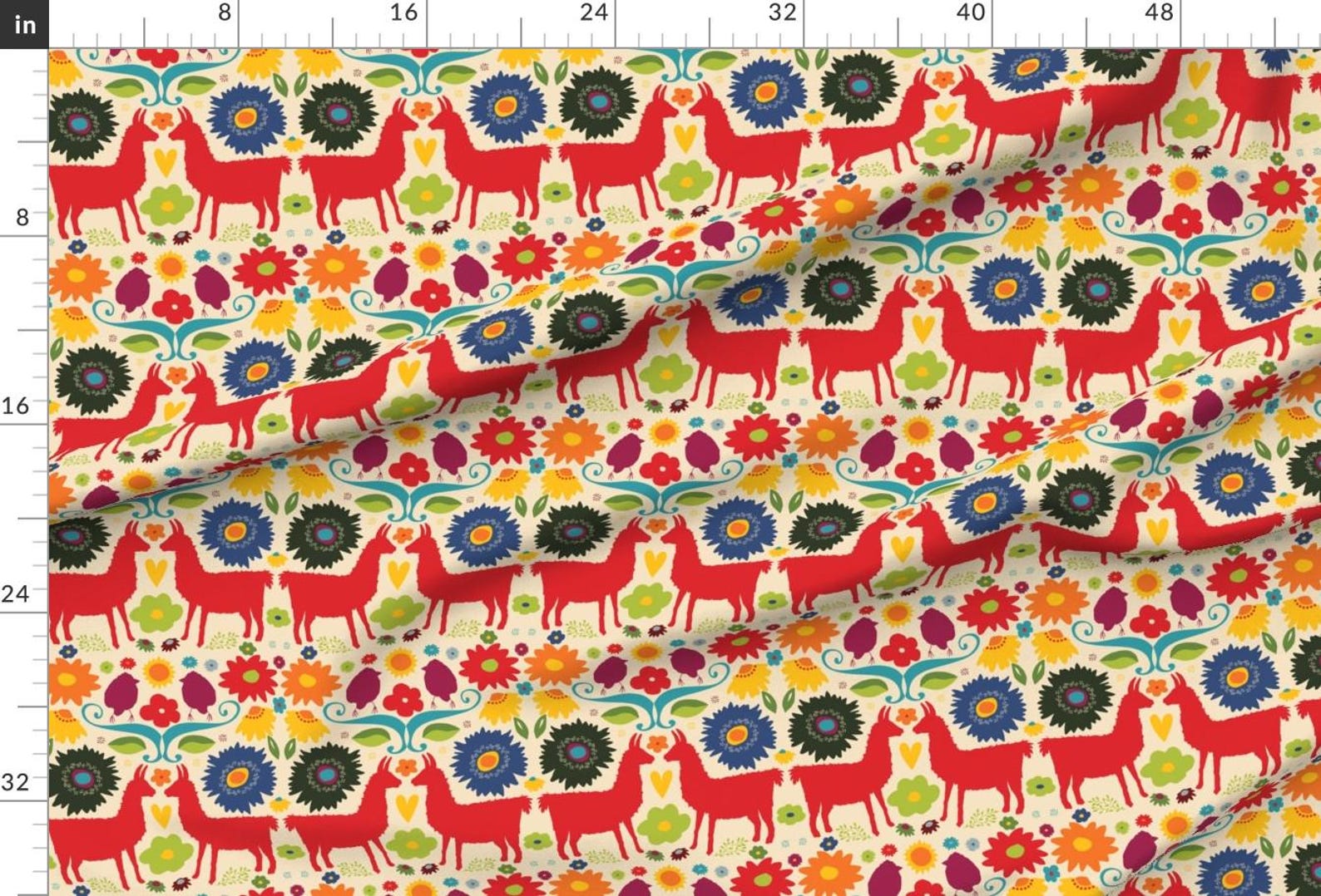 Folk Art Llamas Fabric - Llama Brightfolk by Onelittleprintshop - Block ...