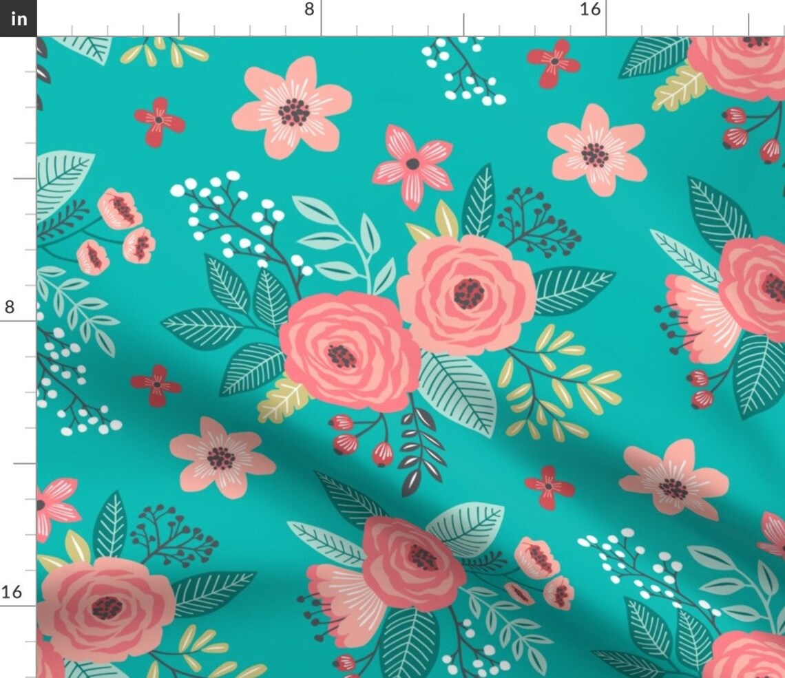 Teal Blue Flowers Fabric Vintage Inspired Antique Floral - Etsy Norway
