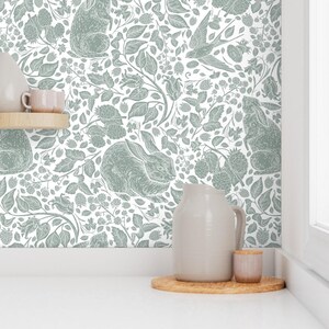 Sage Rabbit Wallpaper - Bunnies + Birds in Thistle by Down River ...