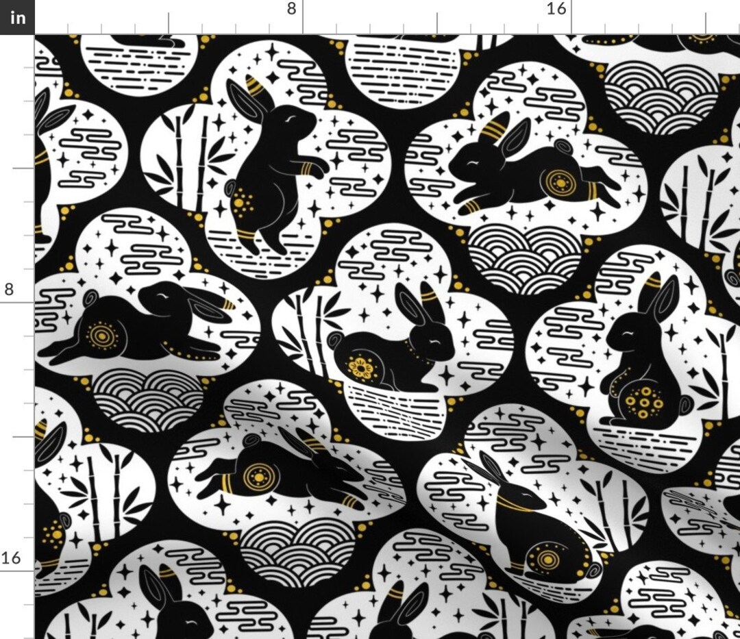 Bunny Geo Fabric Golden Rabbits by Cuteteez Black White Retro Bamboo ...