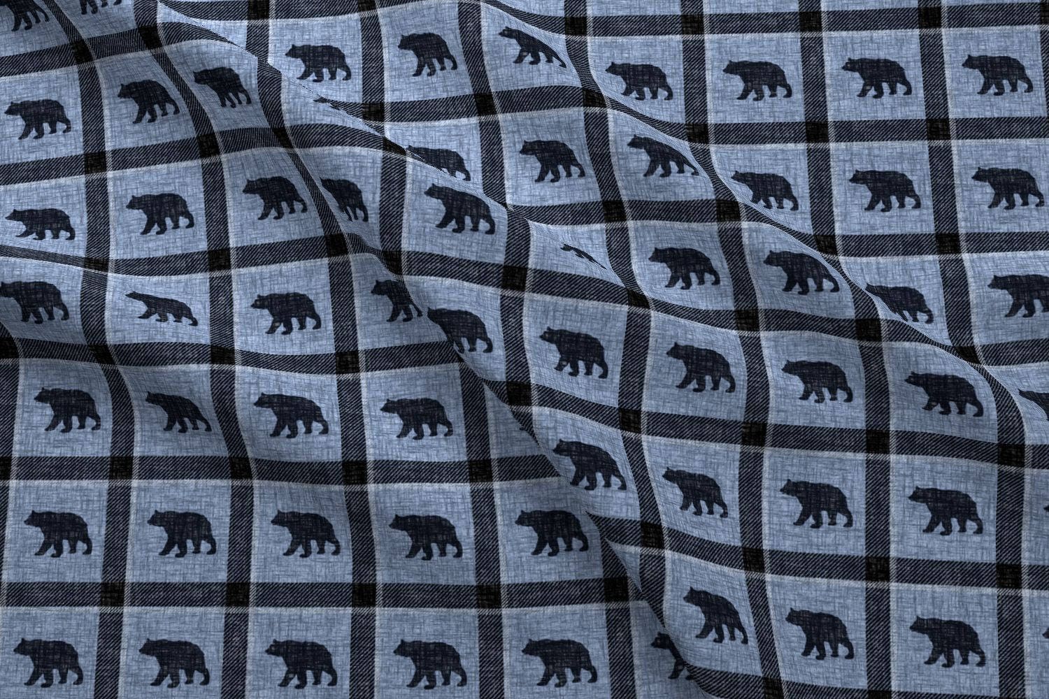 Blue Bear Fabric Bear Plaid Steel By Thecalvarium Rustic | Etsy
