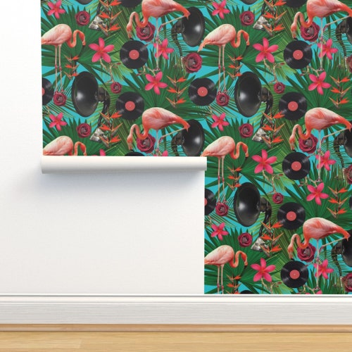 Flamingo Wallpaper Pink Flamingos on Teal Tropical Plants by - Etsy