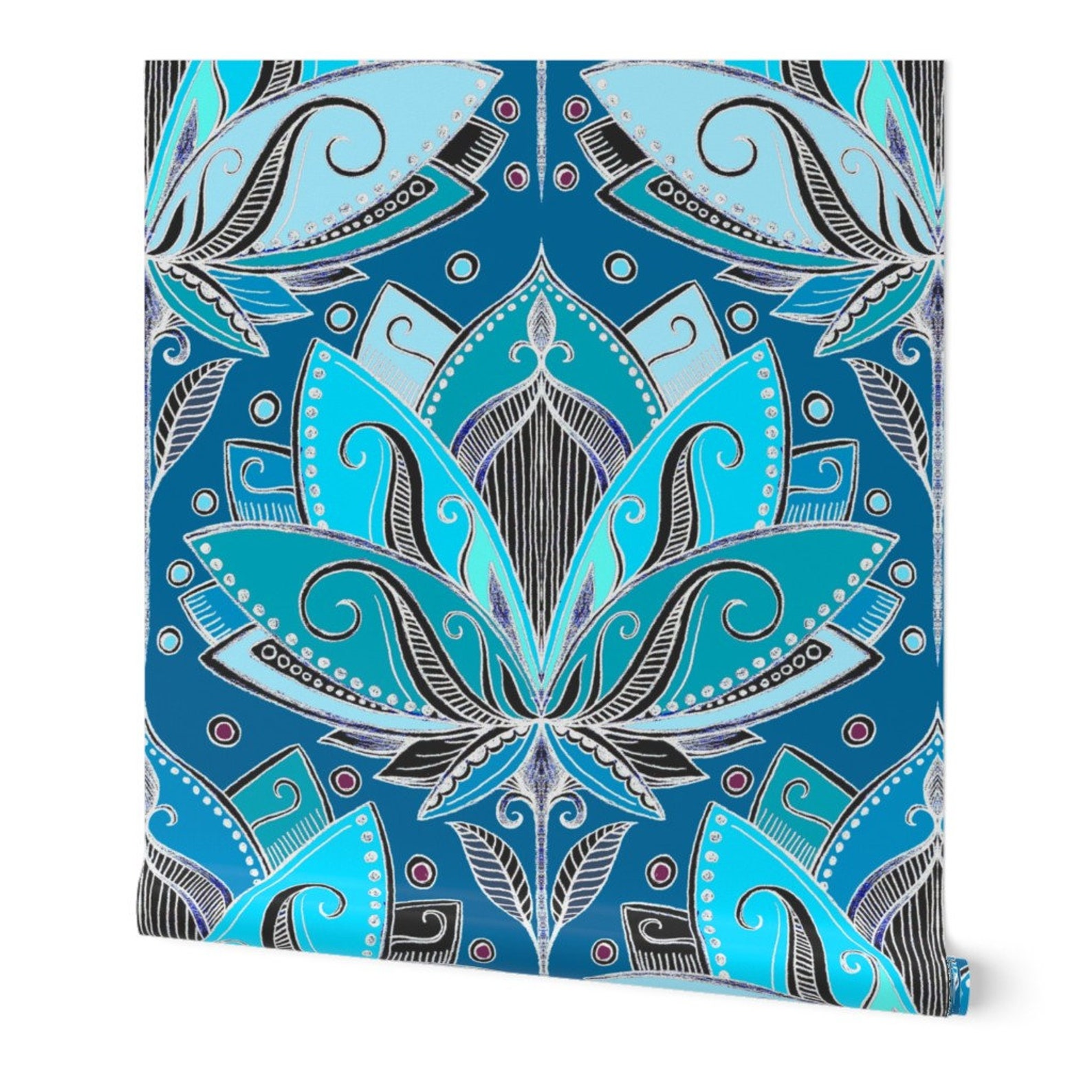 Lotus Wallpaper Art Deco Lotus in Teal Turquoise Black by | Etsy