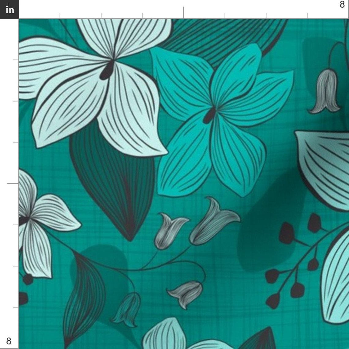 Floral Fabric Avery Floral Teal Monochrome by | Etsy