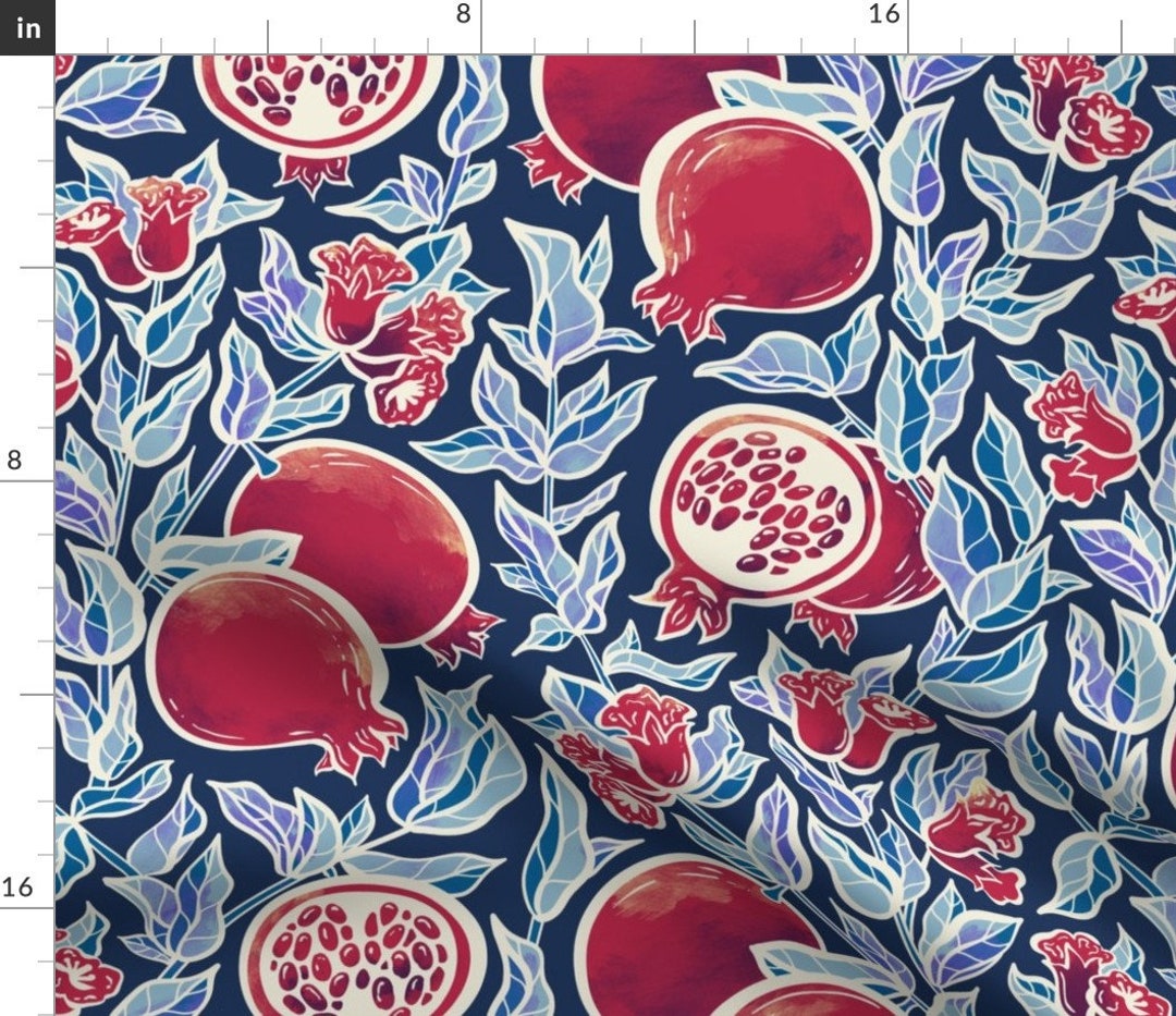 Botanical Pomegranate Fabric Pomegranates by Lu_repeating Red Blue ...
